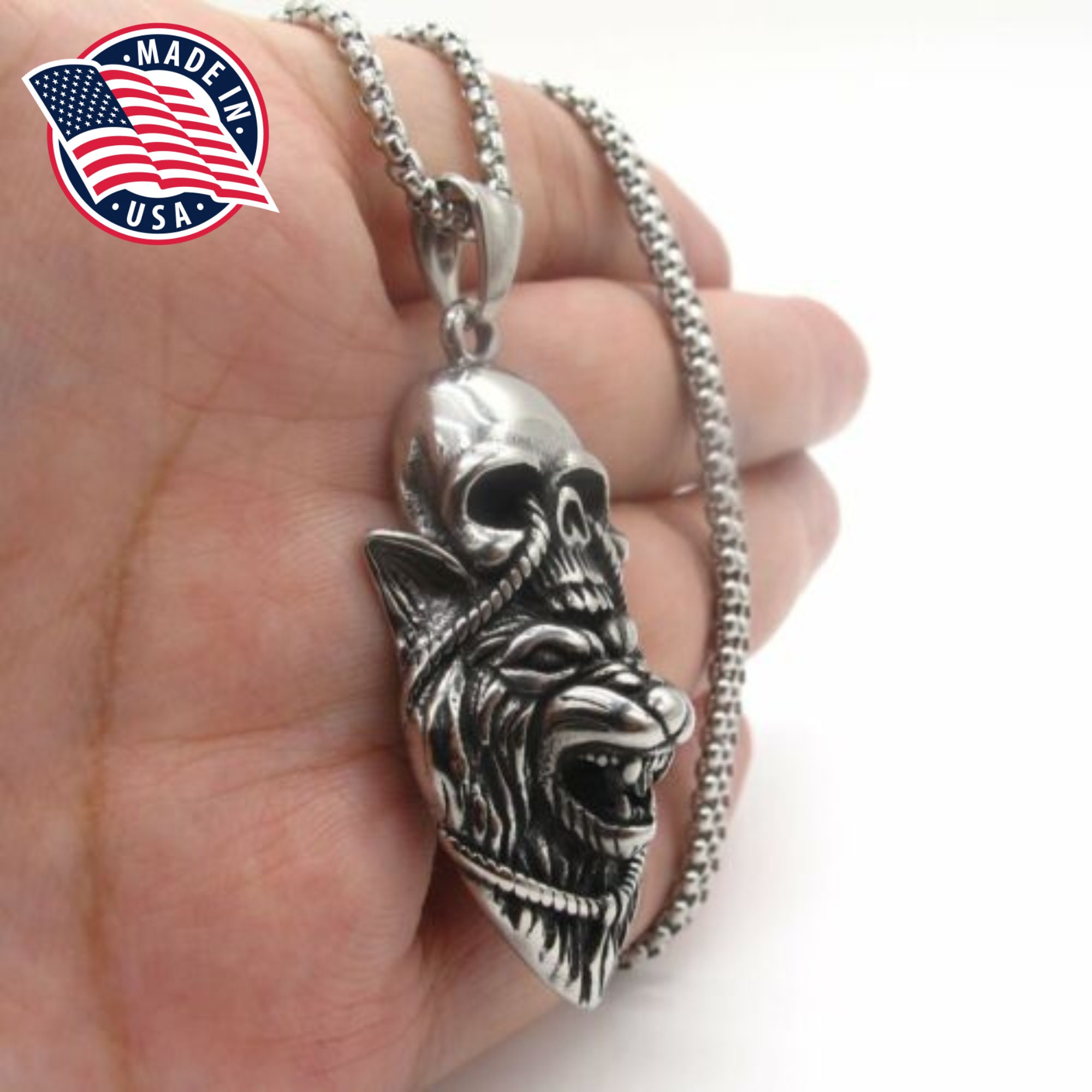 Viking Tribal Wolf Head Skull Stainless Steel Pendant Necklace Menacing ...