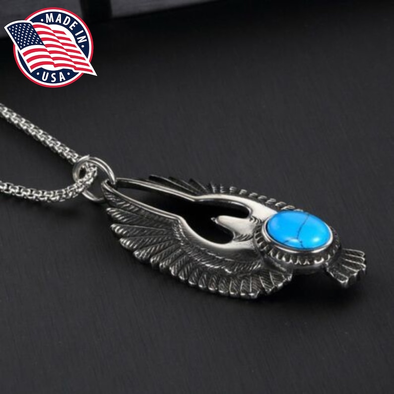 Aztec Turquoise Thunderbird Stainless Steel Pendant Necklace | Native ...