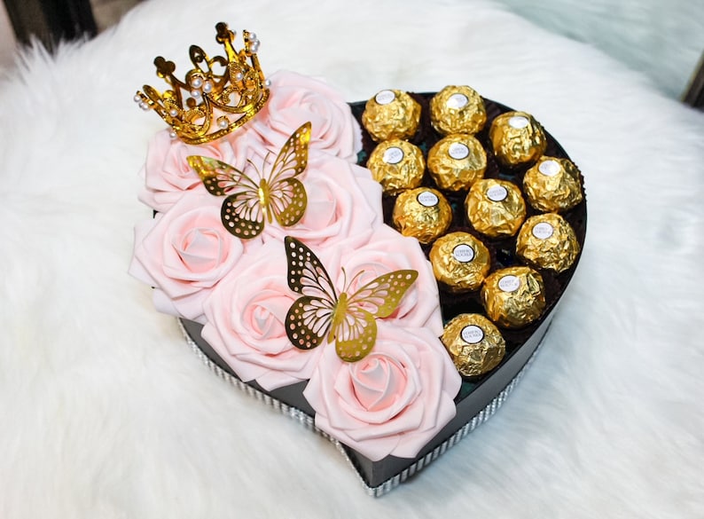 Heart Rose Flower Box: Pink Silk Roses, Gold Butterfly & Chocolates - Etsy