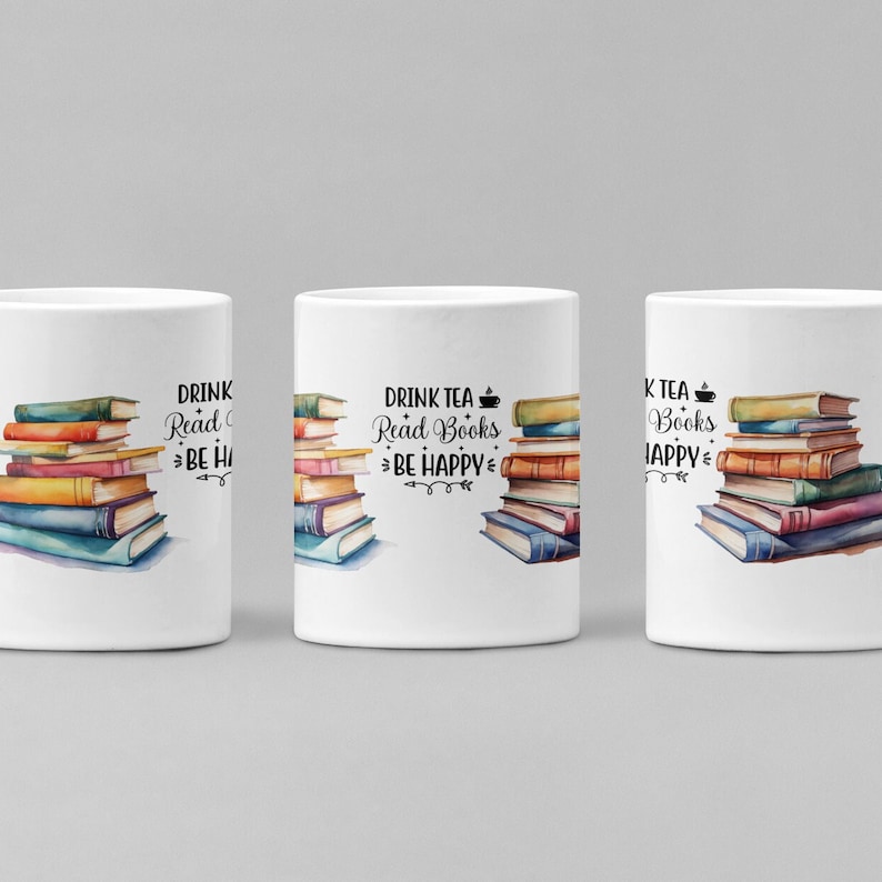 Book Mug 'drink Tea Read Books Be Happy' Slogan - Stack of Books Design ...