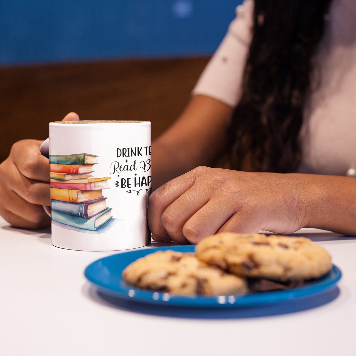 Book Mug 'drink Tea Read Books Be Happy' Slogan - Stack of Books Design ...