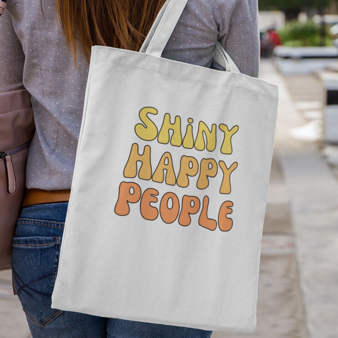 Tote Shiny Happy People Tote Bag in Vibrant Colors Retro Font Design ...