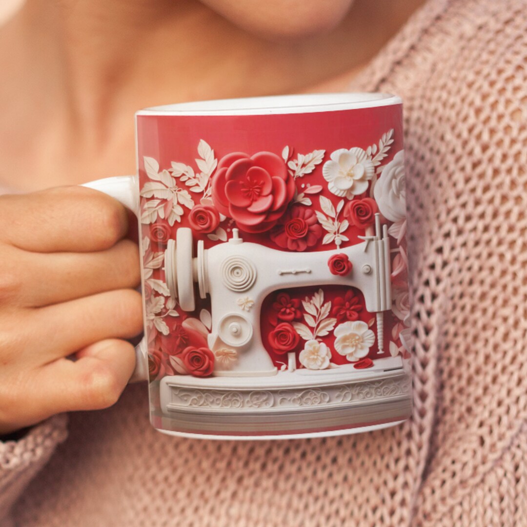 3D Effect Sewing Machine Mug: Red Floral Design, Quilter Gift - Etsy