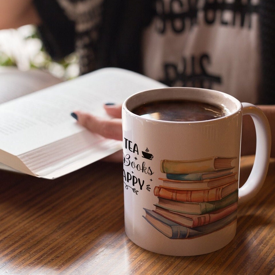 Book Mug 'drink Tea Read Books Be Happy' Slogan - Stack of Books Design ...