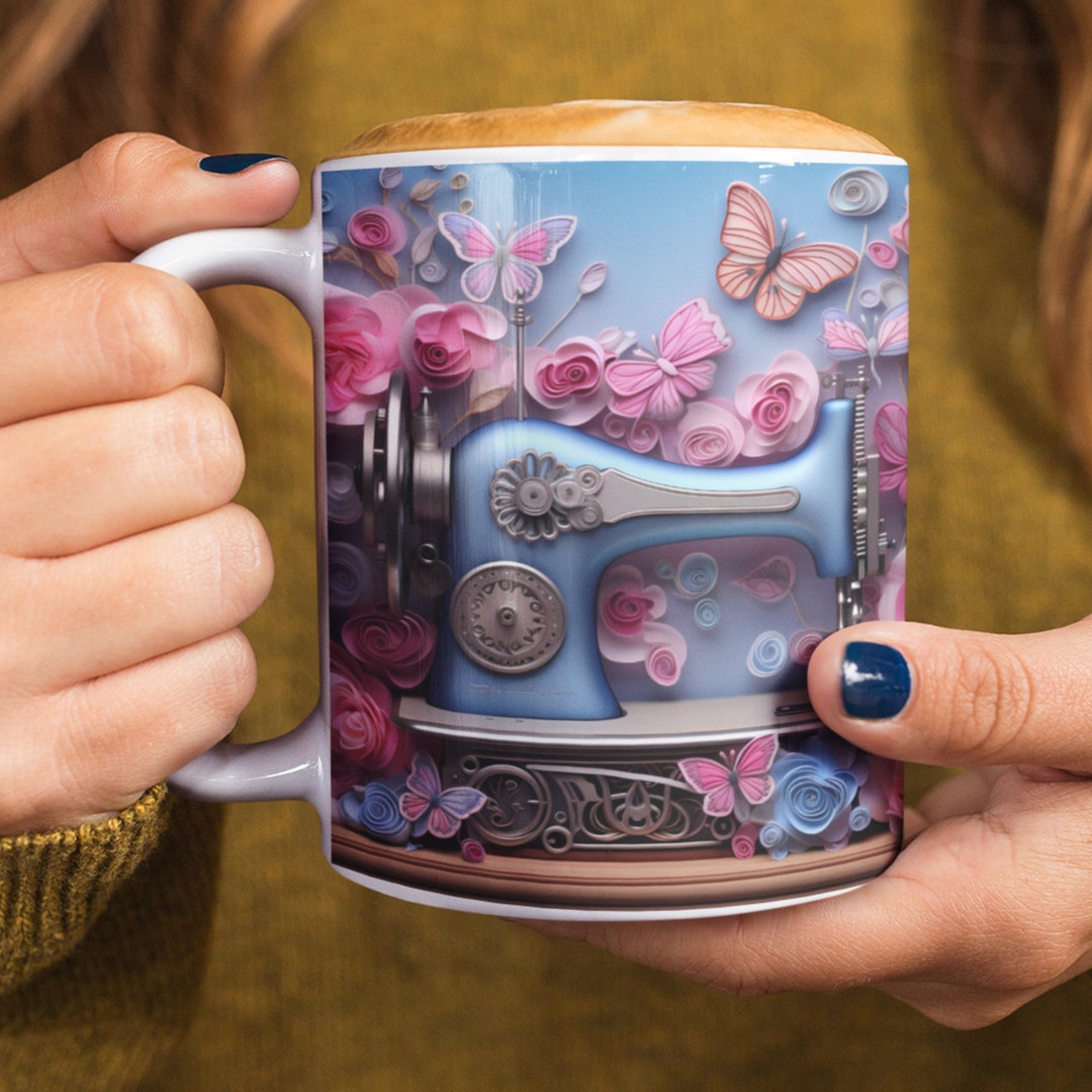 Vibrant 3D Sewing Machine Mug With Pink Roses & Butterflies - Perfect ...