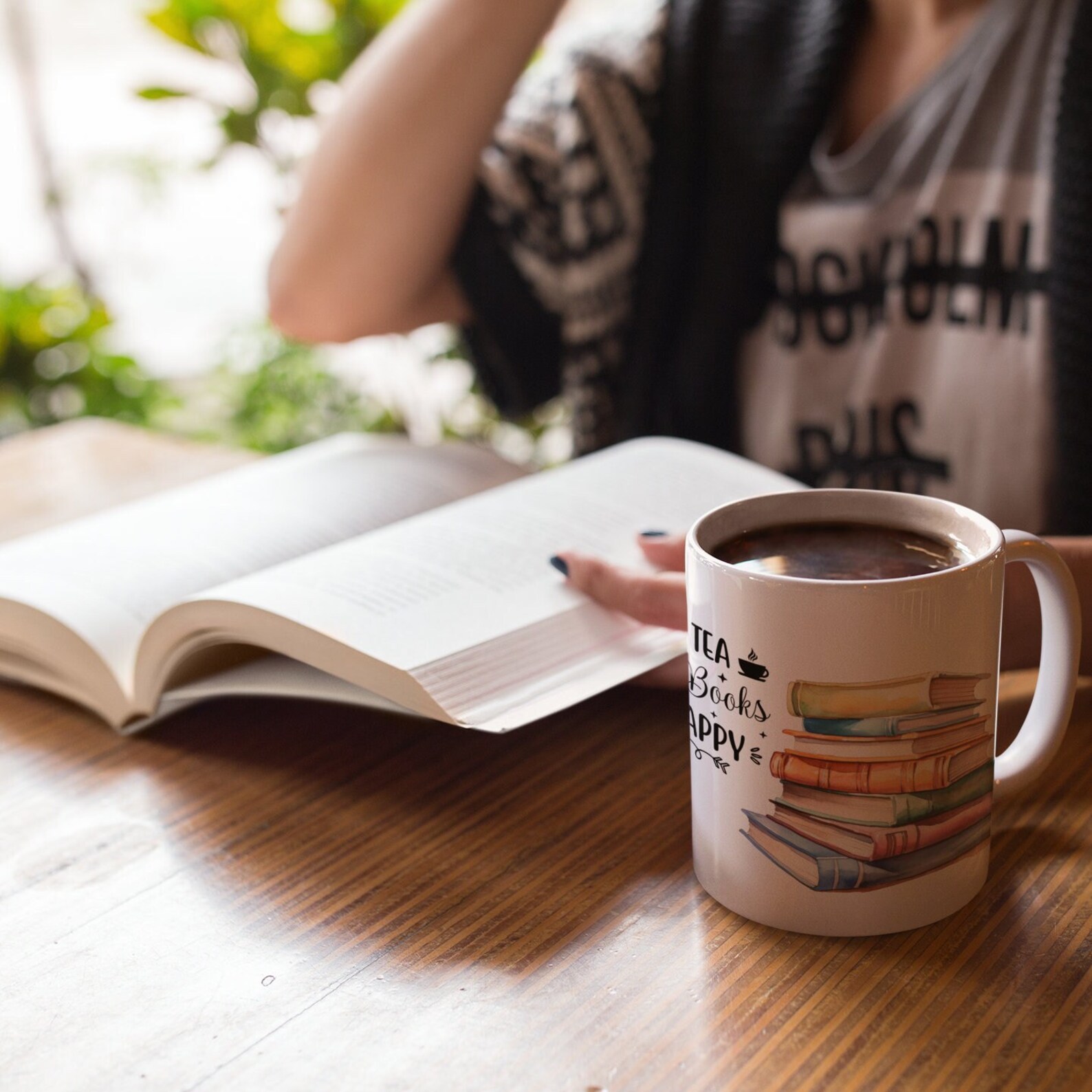 Book Mug 'drink Tea Read Books Be Happy' Slogan - Stack of Books Design ...