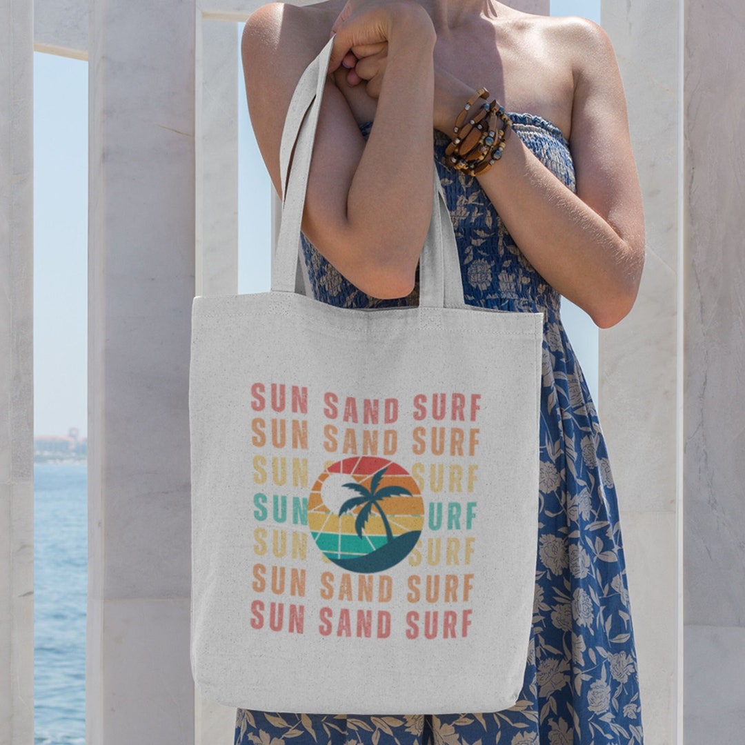 Tote Sunset Tote Bag With SUN SAND SURF Slogan | Stylish Beach-inspired ...