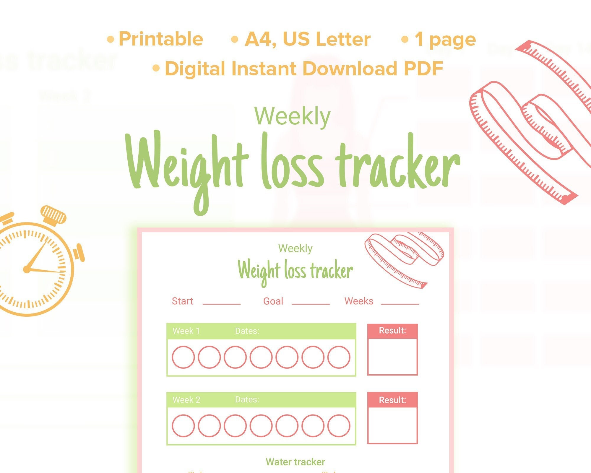 Weight Loss Tracker Printable Tracker A4 Us Letter Weekly Etsy Uk
