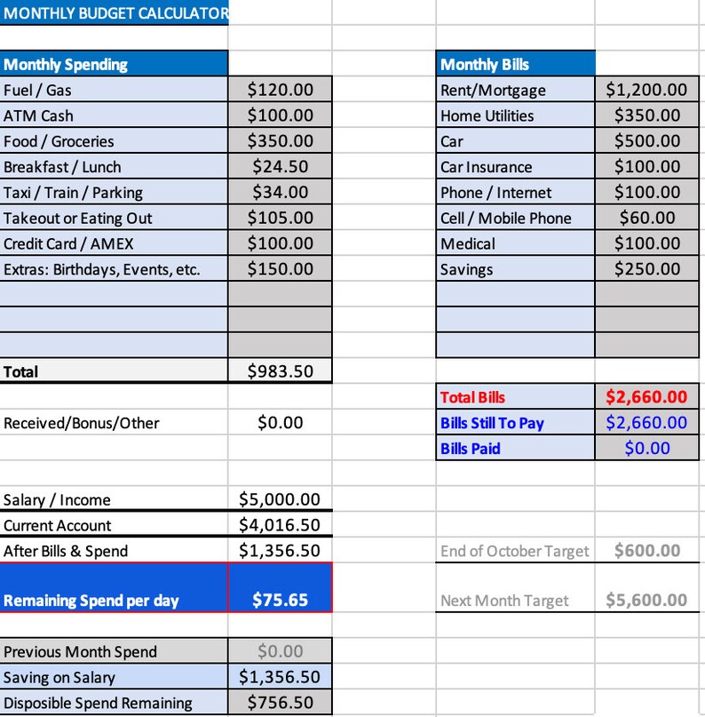 Monthly Budget Calculator (excel) - Etsy