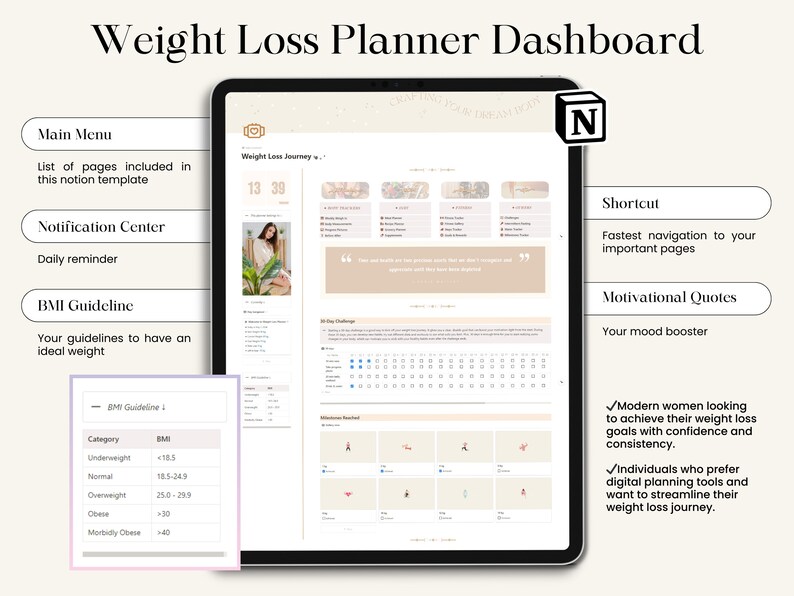 Notion Template Weight Loss Tracker, Notion Fitness Tracker, Meal ...