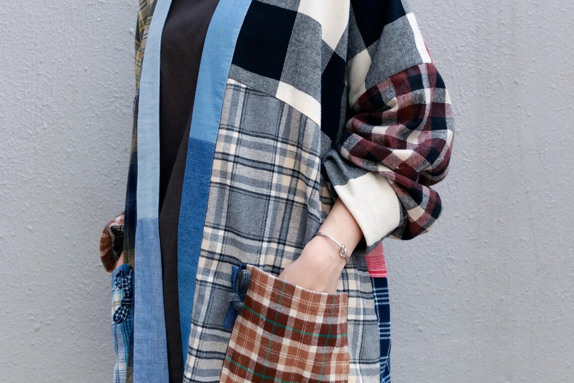 First Edition Vintage Flannel Shirt With Denim Patched Collar Kimono - Etsy