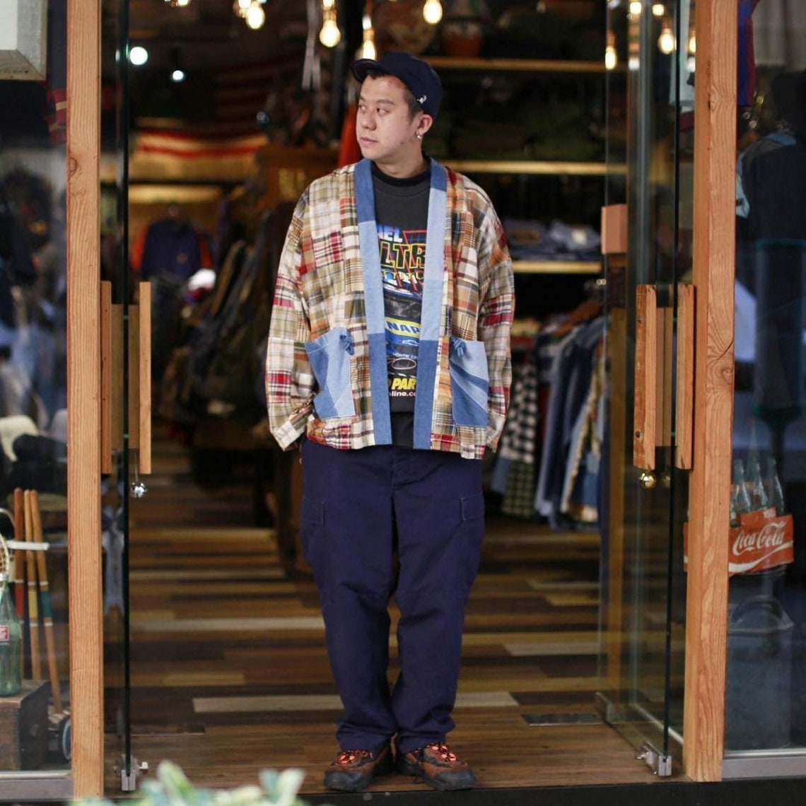 First Edition Vintage Flannel Shirt With Denim Patched Collar Kimono - Etsy