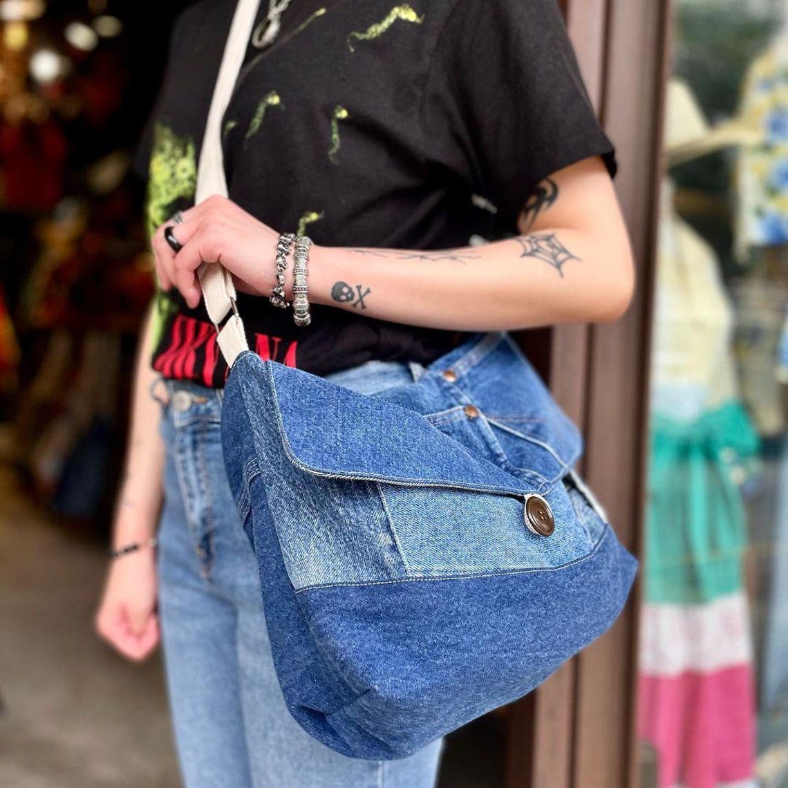 First Edition Vintage Denim Remade Patchwork Messenger Bag - Etsy