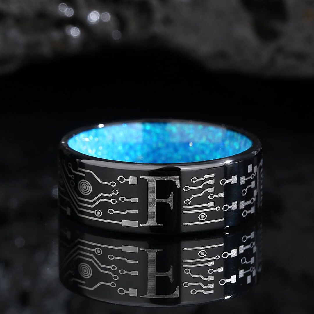 Circuit Board Ring: Black Wedding Band, Glow in the Dark Opal. - Etsy
