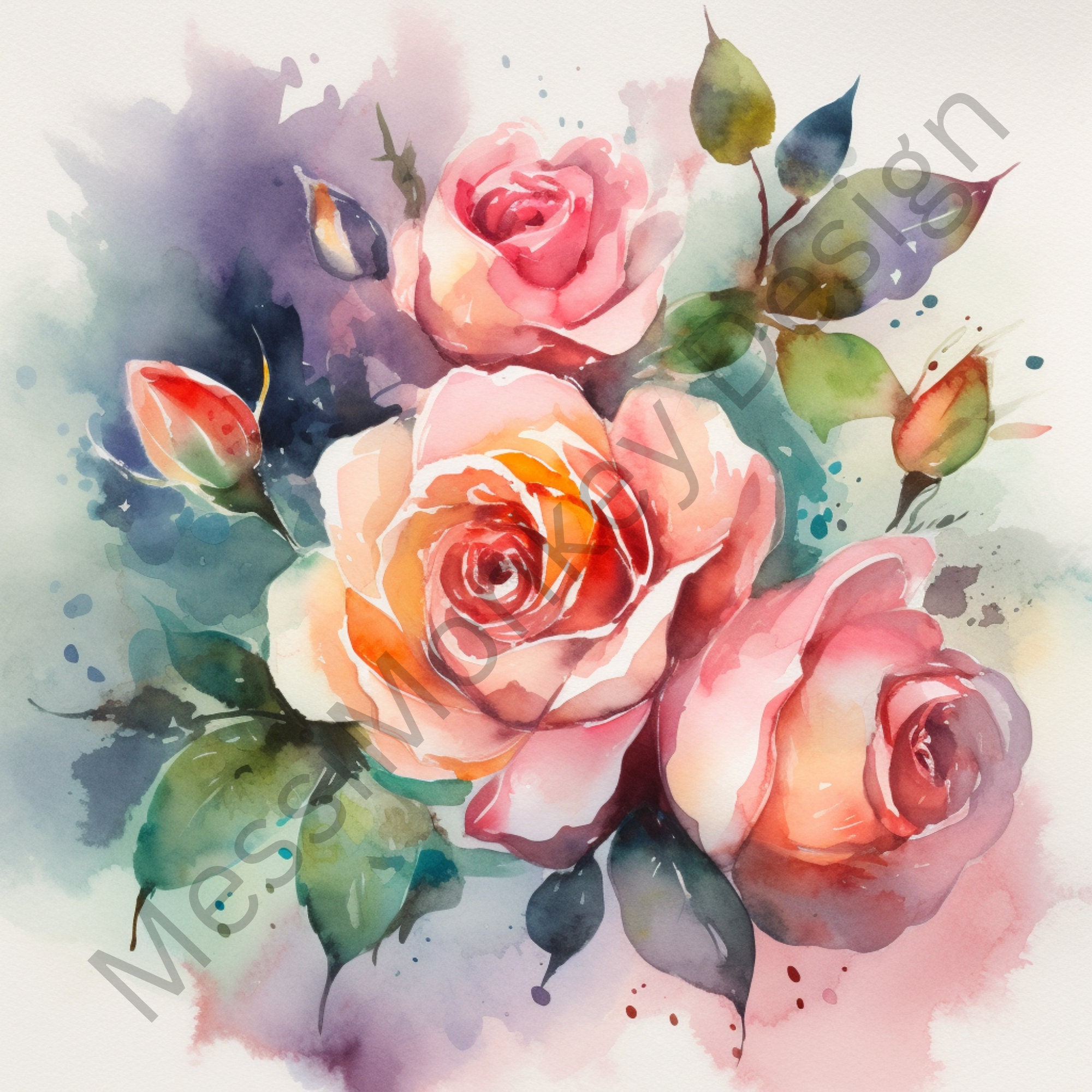 Watercolor Roses Digital File - Etsy