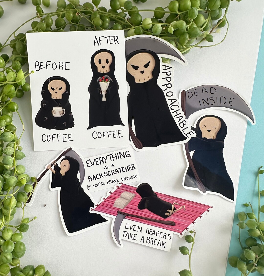 Cute Grim Reaper Sticker Pack 5 Gloss/matt Vinyl Water Resistant ...
