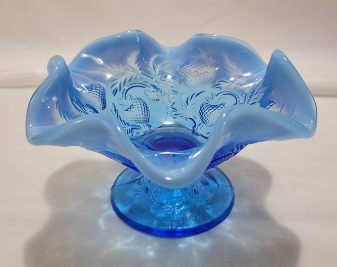 Fenton Glass Inverted Strawberry Etched Blue Opalescent Footed Bowl ...
