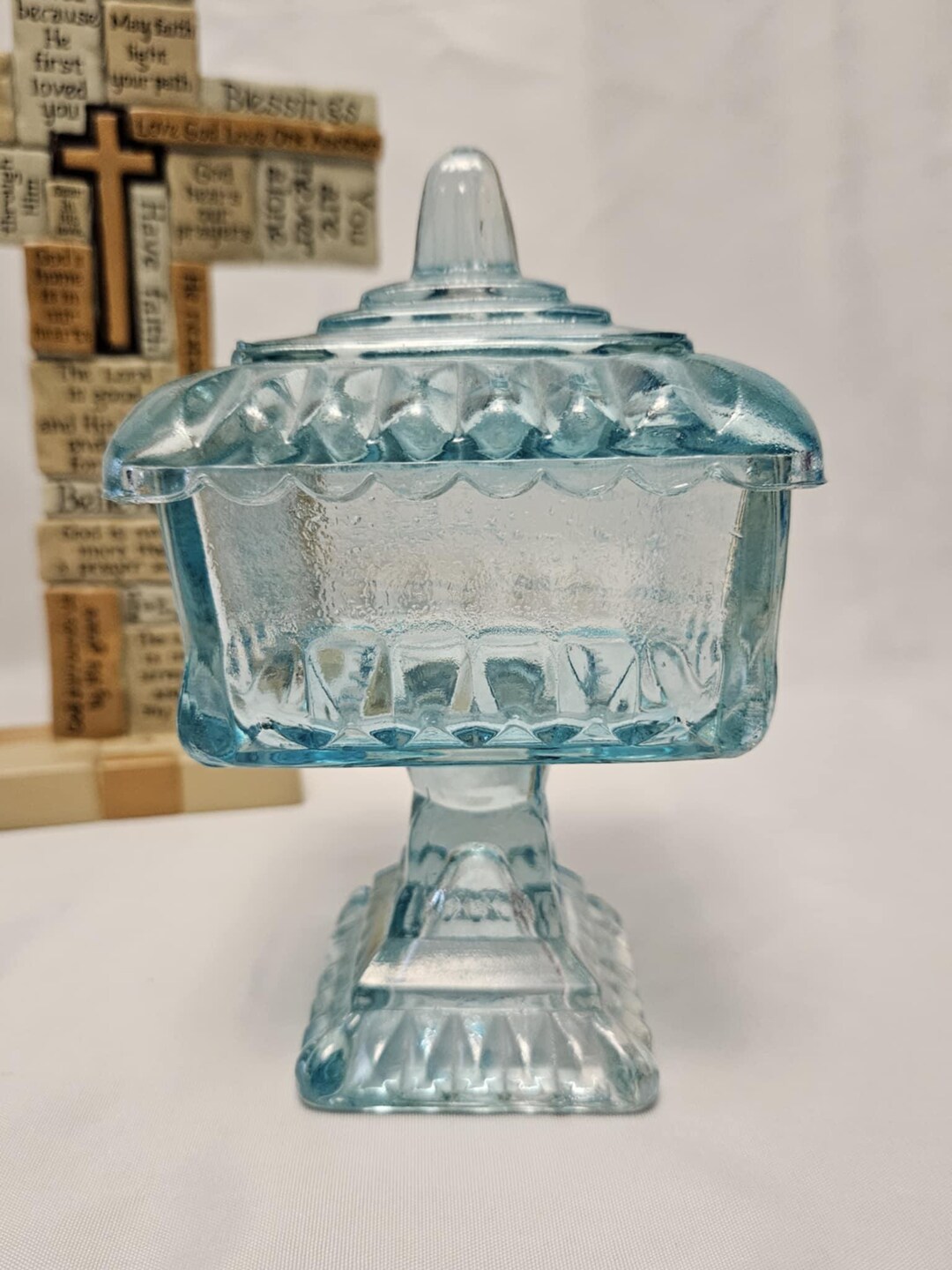 Vintage Jeannette Aqua Blue Glass Wedding Cake Box Compote Pedestal ...