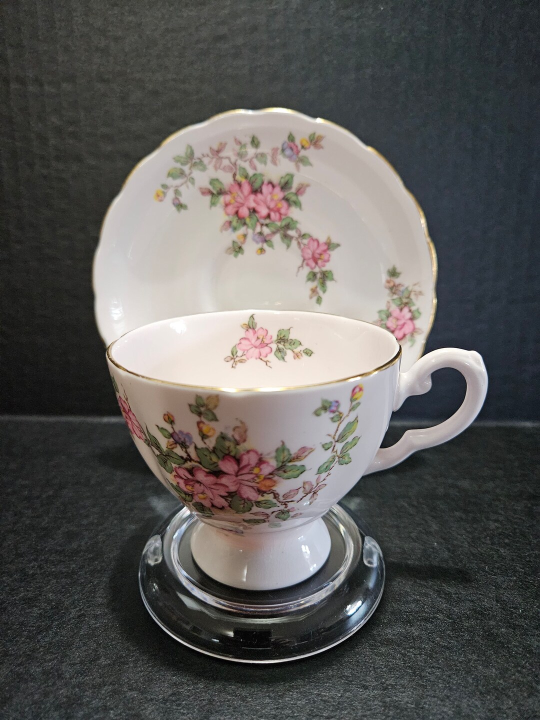Tuscon Fine English Bone China Light Pink With Red Flowers and Gold ...
