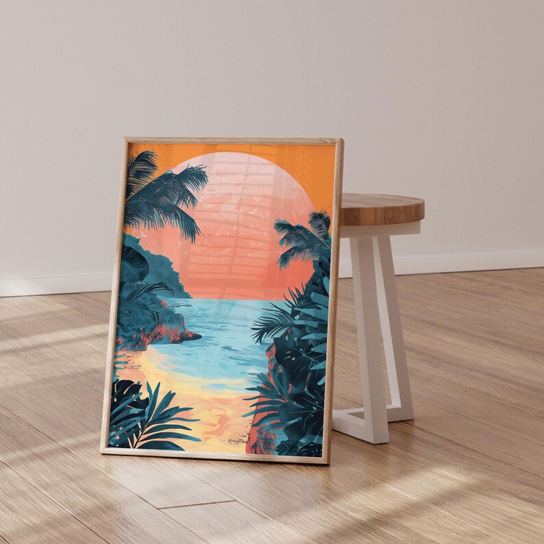Retro Sunset Beach Print: Coastal Landscape Wall Decor (digital ...