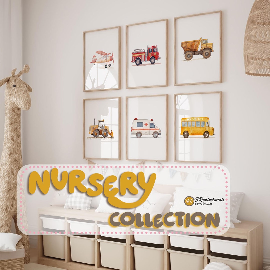 Watercolor Transportation Prints Set of 6: Fire Truck, School Bus ...