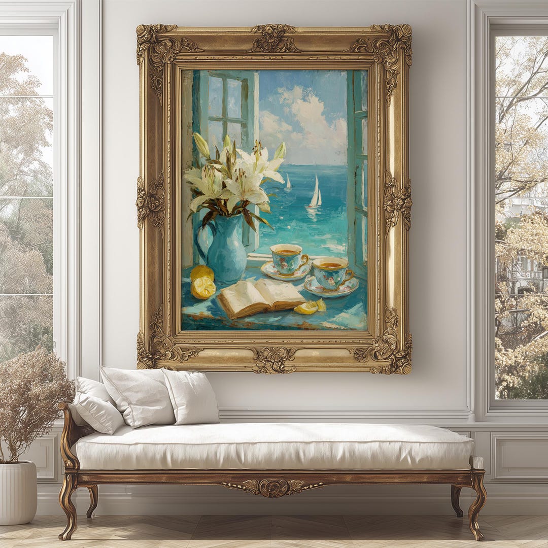 Fauvism Digital Wall Art Seaside Window Ocean View Floral Vase Tea Cups ...