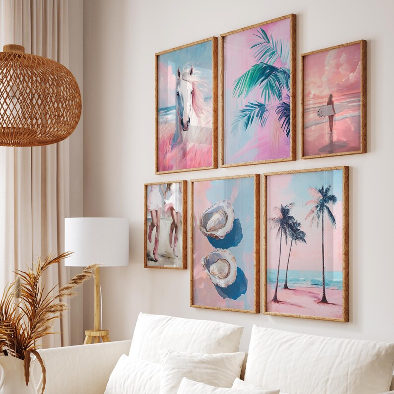 Summer Pastel Ocean Beach Wall Art Set Framed Surfer Girl Photography ...