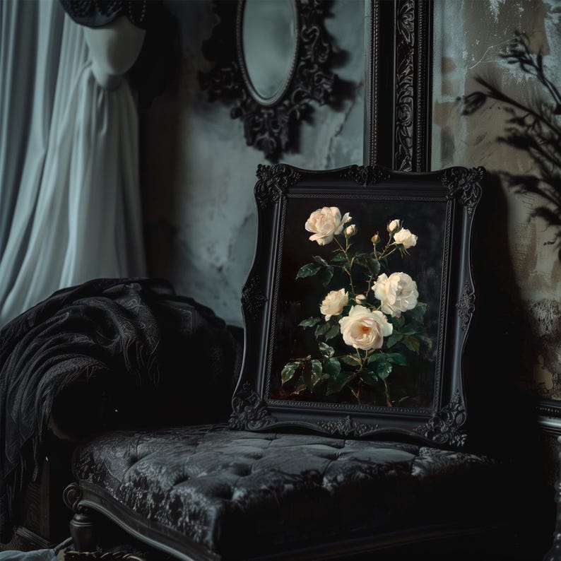 Gothic White Rose Print: Dark Cottagecore Floral Wall Art (digital ...