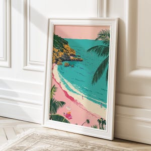 Pink and Blue Coastal Prints, Vintage Pink Beach and Blue Sea Home ...