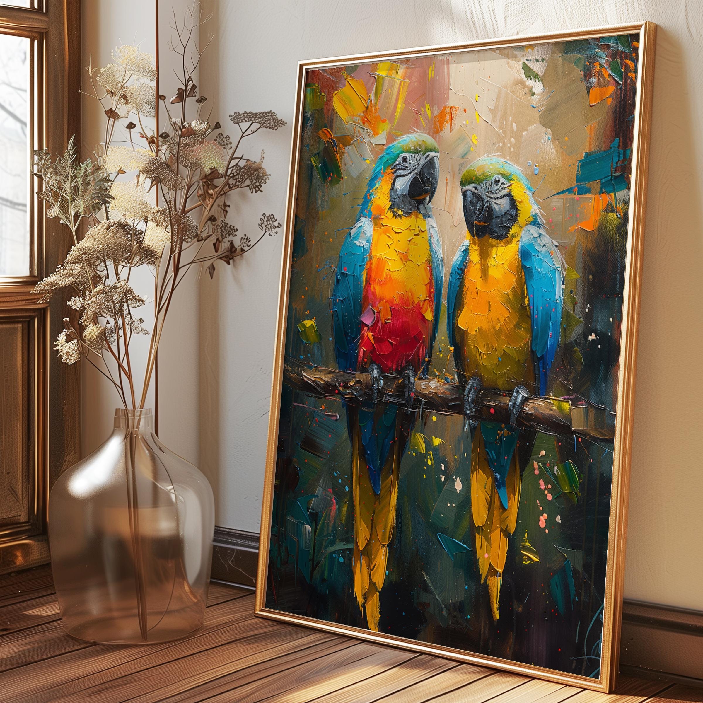 Parrots Print, Parrots Oil Painting, Parrots Modern Wall Decor ...
