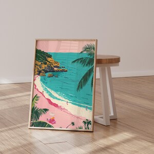 Pink and Blue Coastal Prints, Vintage Pink Beach and Blue Sea Home ...