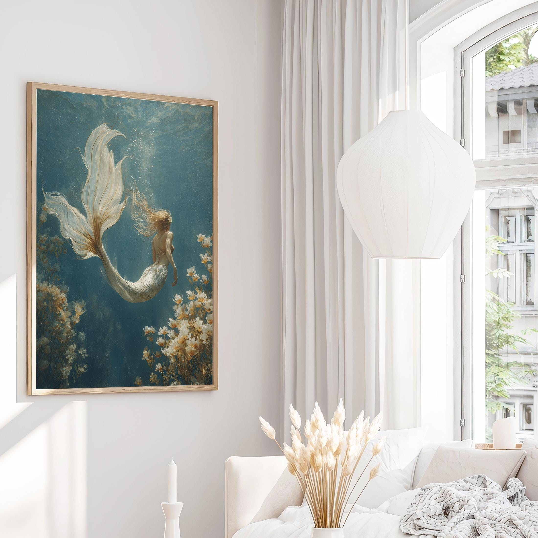 Dreamy Mermaid Wall Art, Underwater Fantasy Print, Ocean Flowers ...