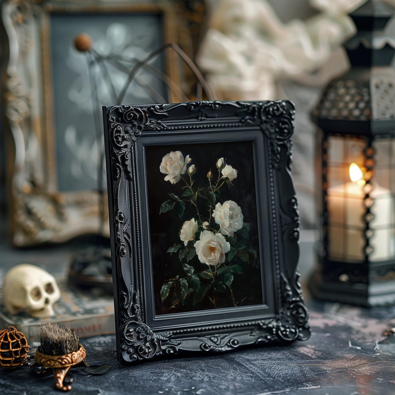 Gothic White Rose Print: Dark Cottagecore Floral Wall Art (digital ...