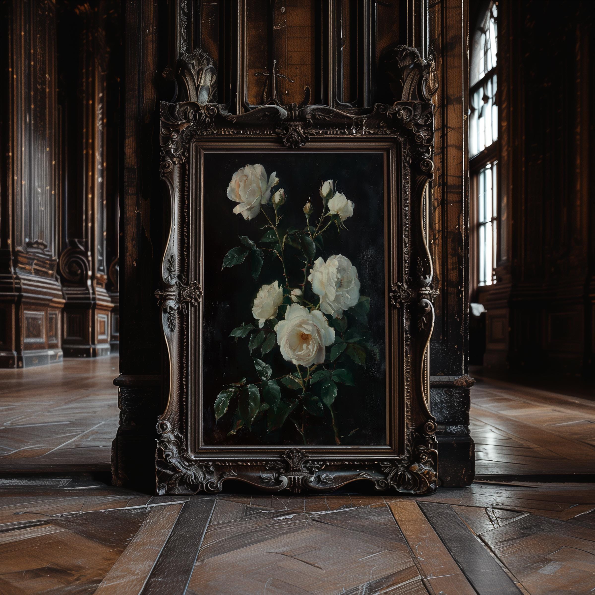 Gothic White Rose Print: Dark Cottagecore Floral Wall Art (digital ...
