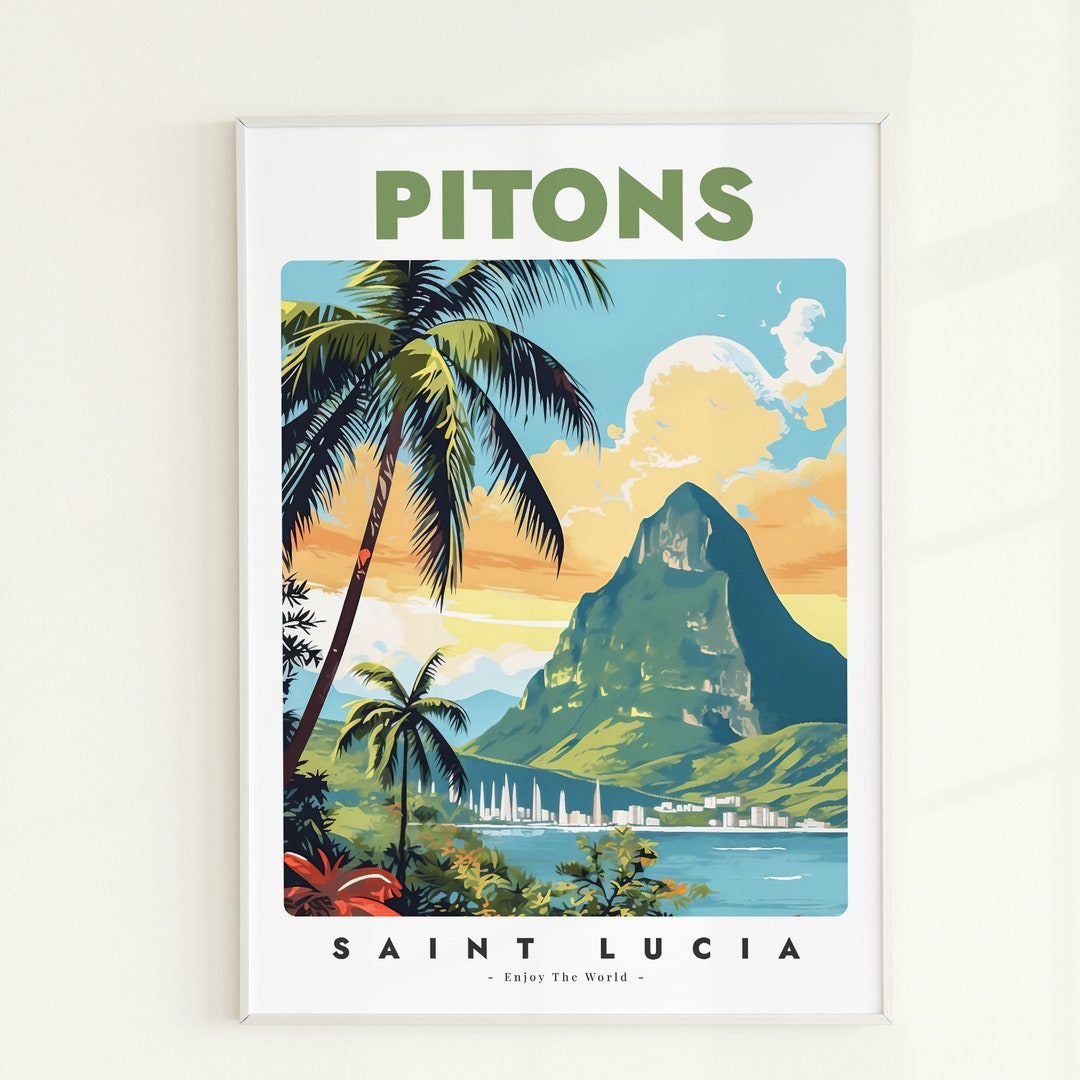 Saint Lucia Travel Print: Pitons Mountain Coast Art (digital Download ...