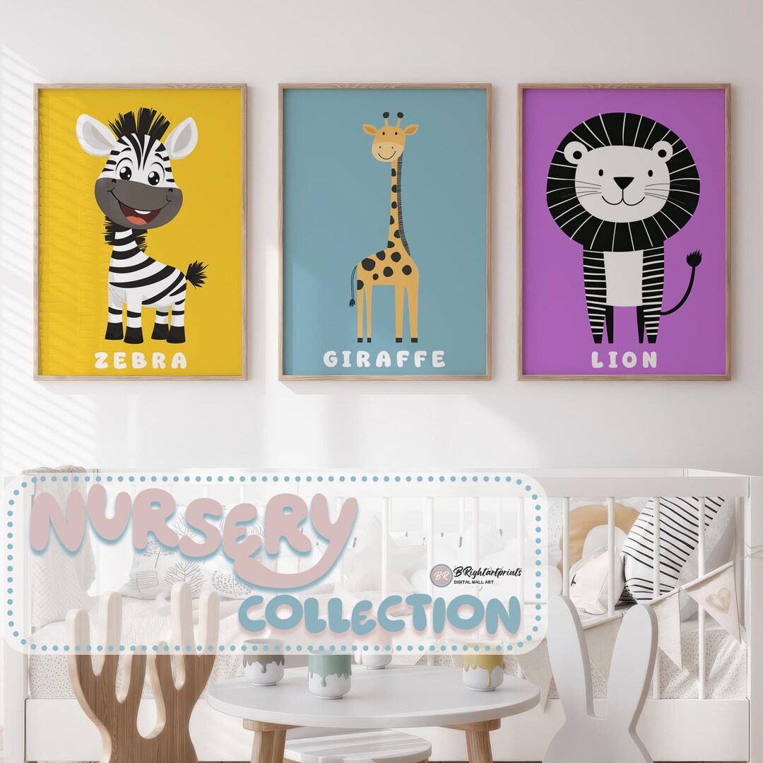Colorful Safari Nursery Set: Zebra, Giraffe & Lion With Names ...