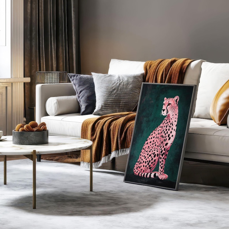 Pink Cheetah Art Print: Retro Emerald Green Preppy Decor (digital ...