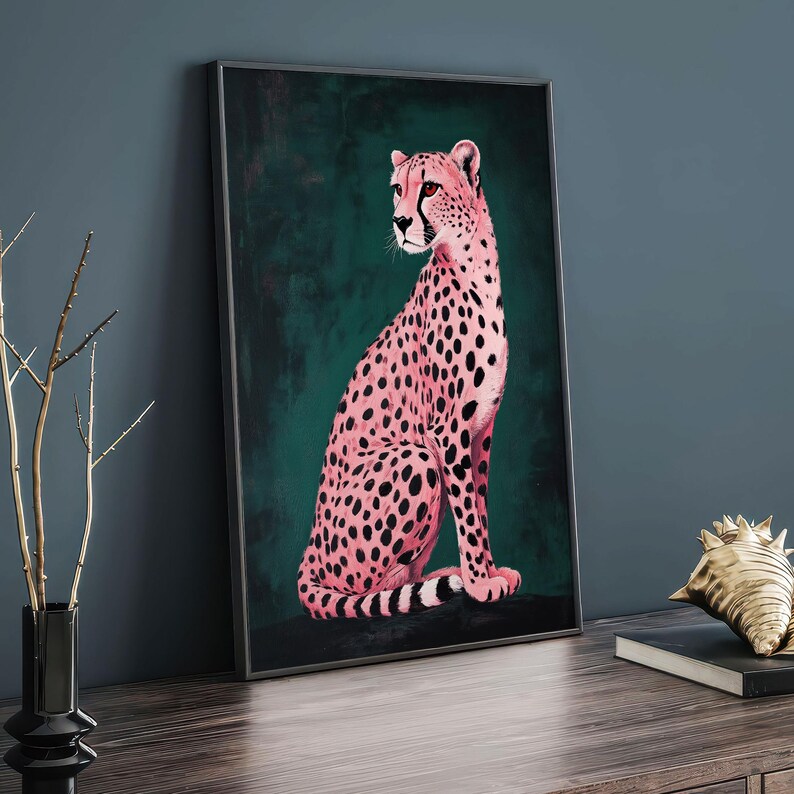Pink Cheetah Art Print: Retro Emerald Green Preppy Decor (digital ...