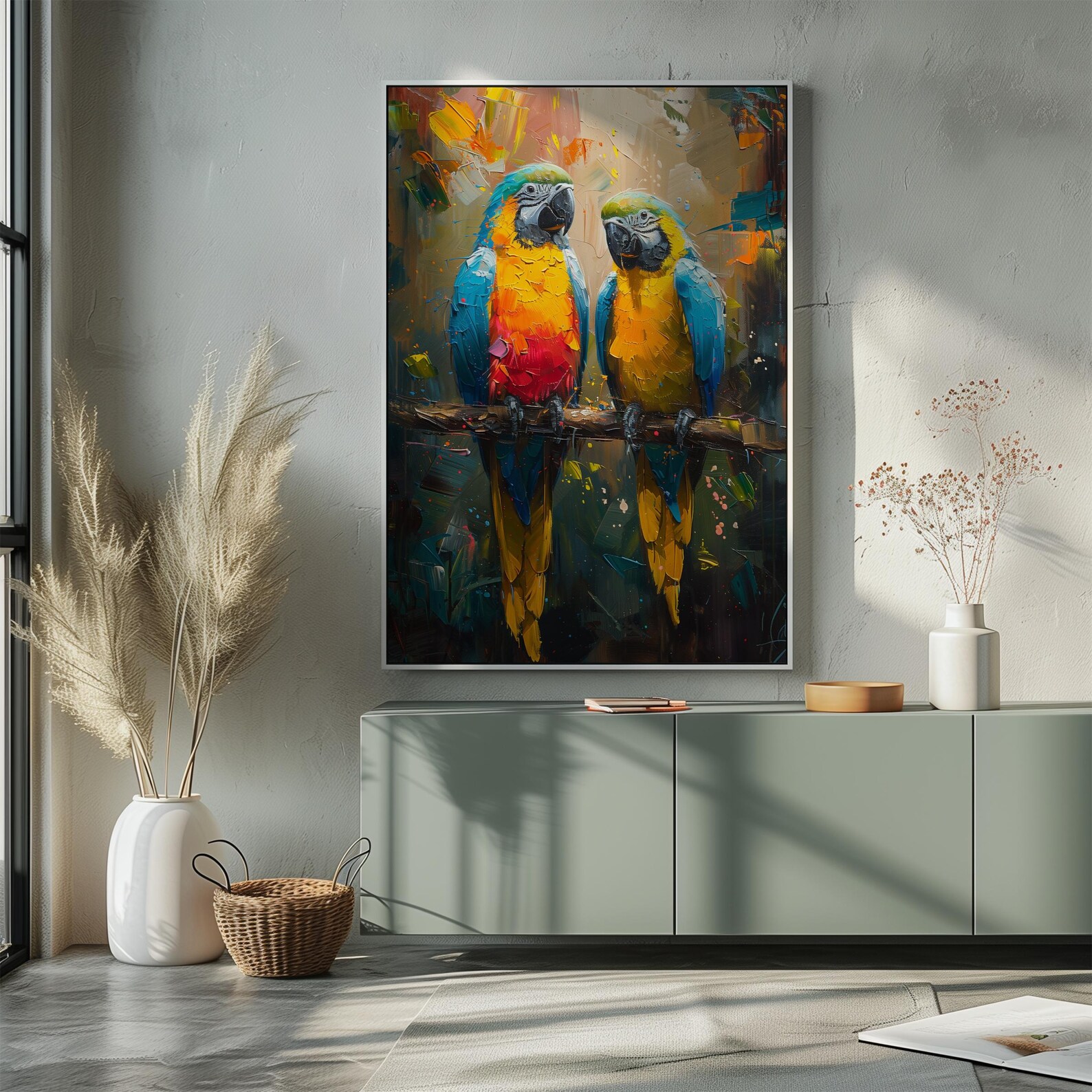 Parrots Print, Parrots Oil Painting, Parrots Modern Wall Decor ...