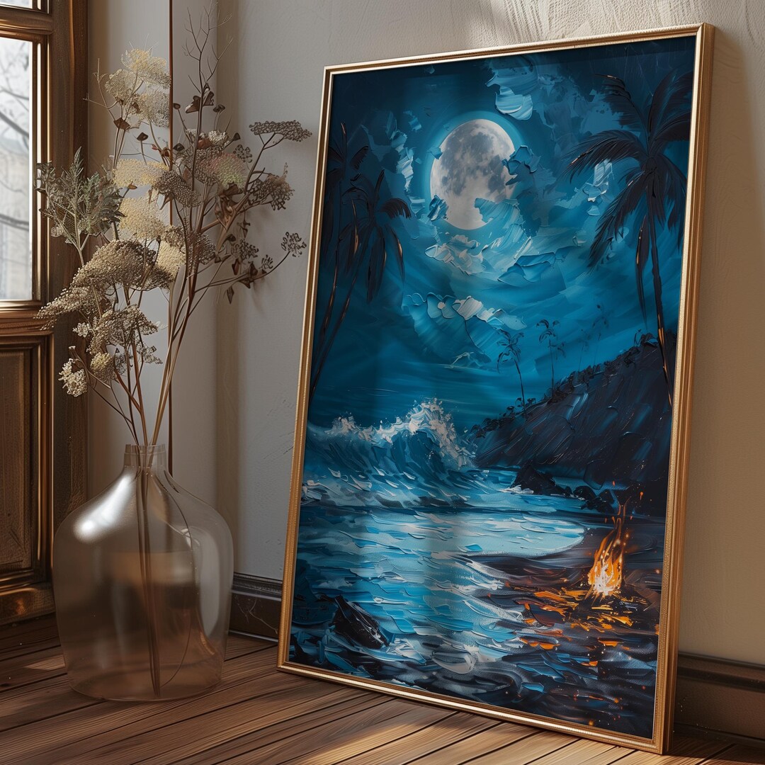 Beach Bonfire Digital Painting, Wood Fire on the Beach Wall Art, Camp ...