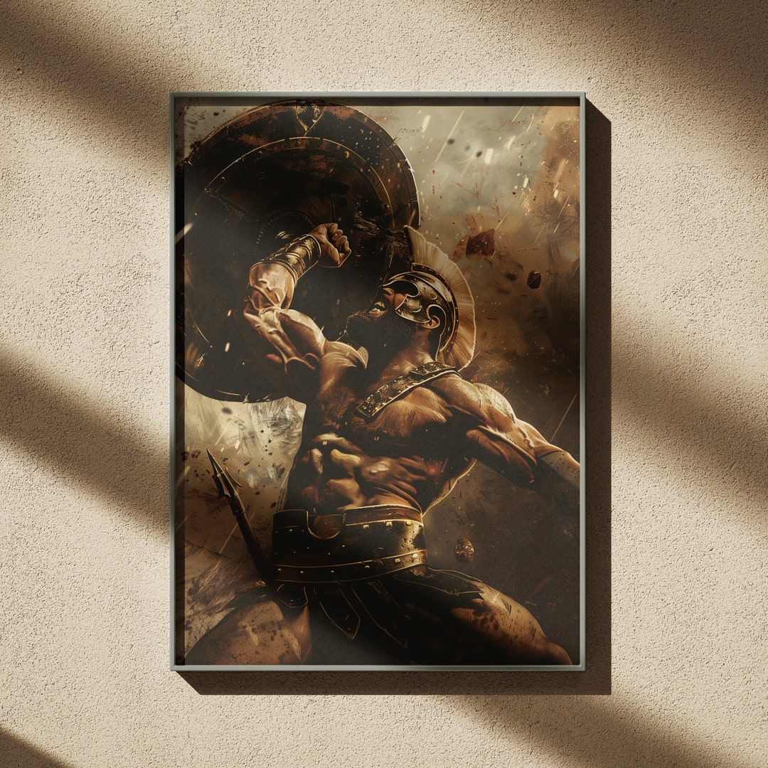 Gladiator and Shield Poster, Digital Greek Commander, Roman Warrior ...
