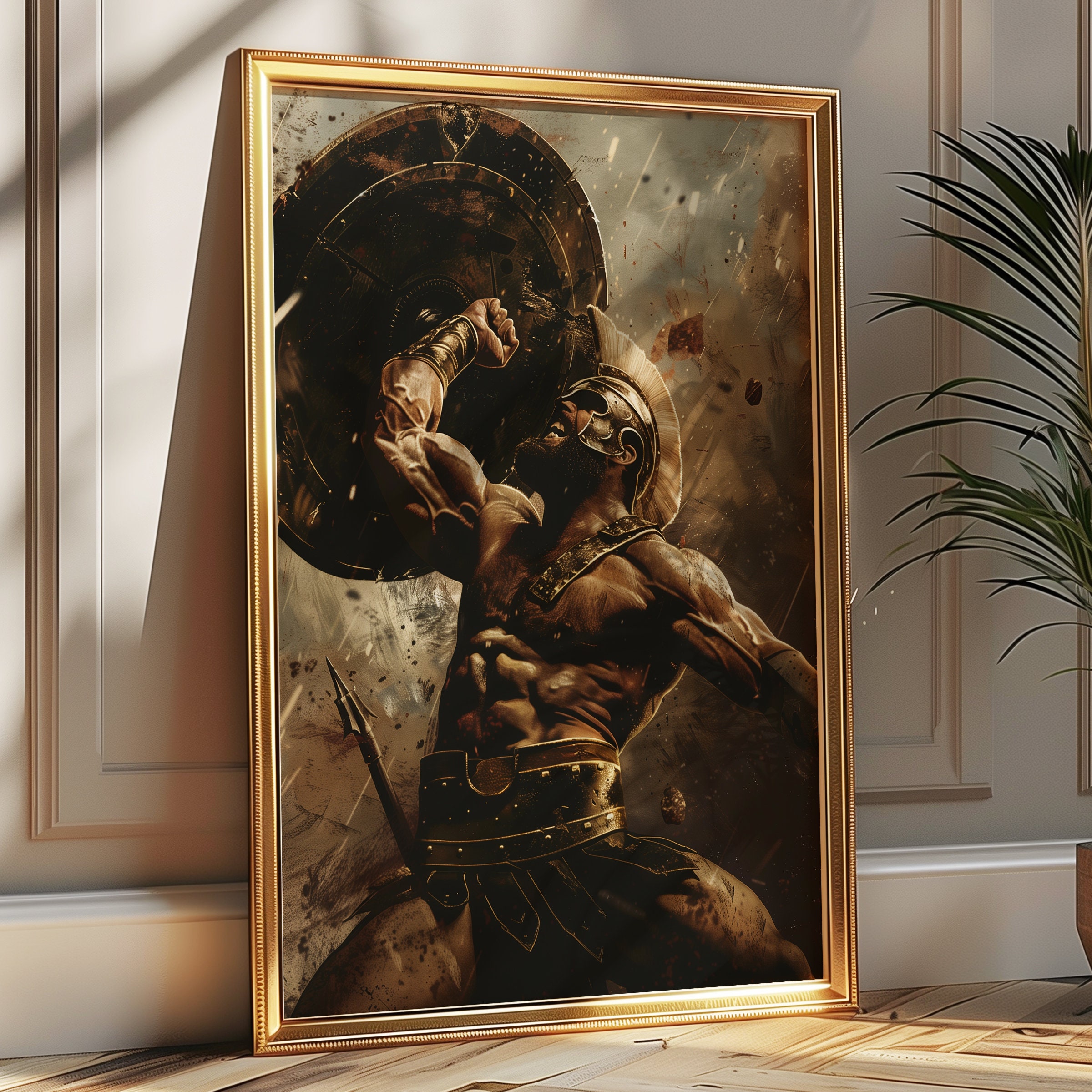Gladiator and Shield Poster, Digital Greek Commander, Roman Warrior ...