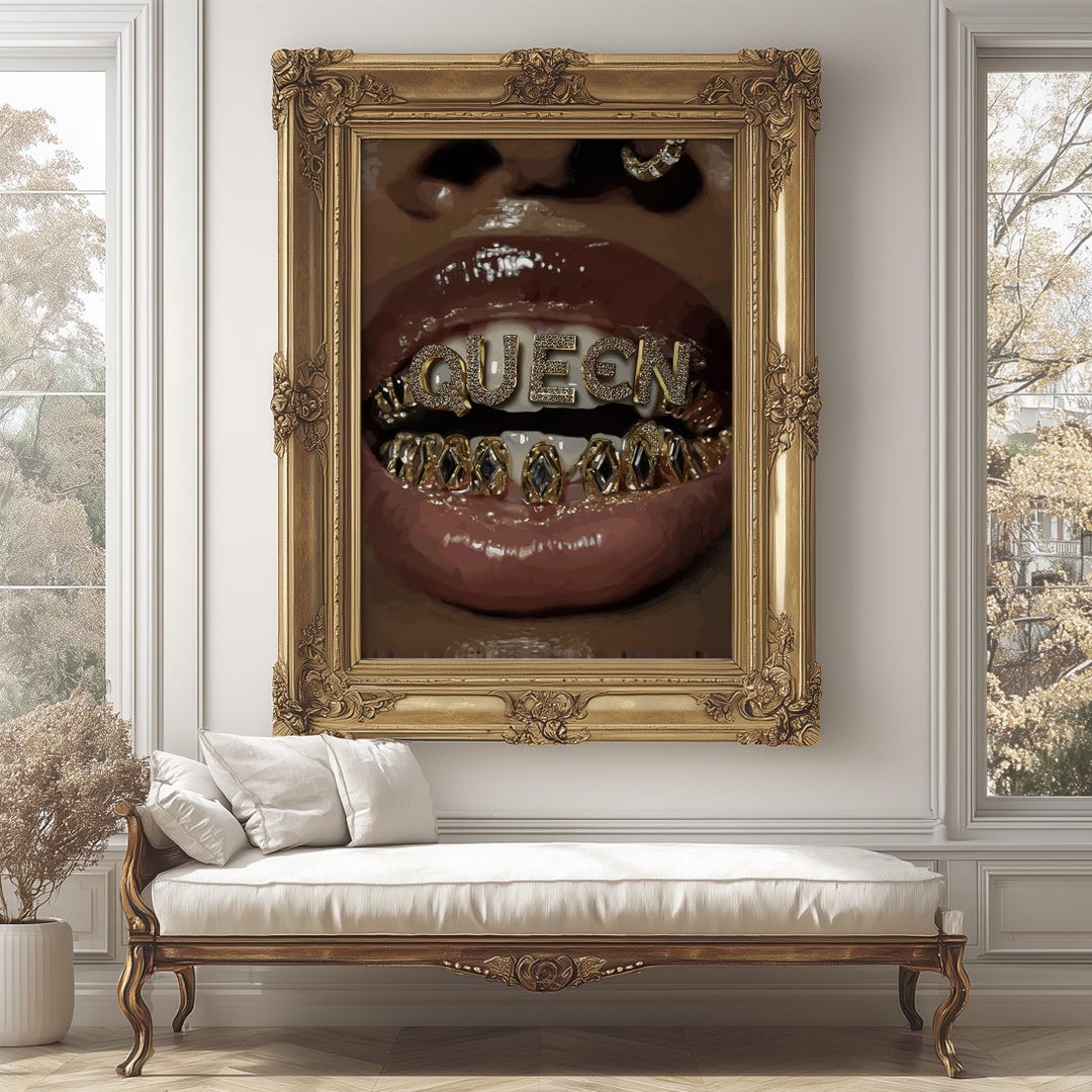 Queen Grillz Lips Art: Black Woman Diamond Gold Teeth Poster (digital ...