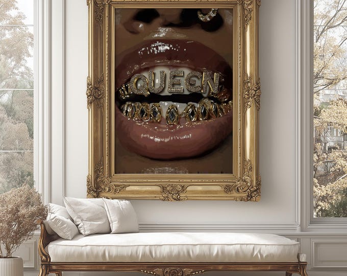 Queen Grillz Lips Art: Black Woman Diamond Gold Teeth Poster (Digital ...