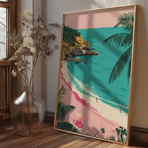 Pink and Blue Coastal Prints, Vintage Pink Beach and Blue Sea Home ...