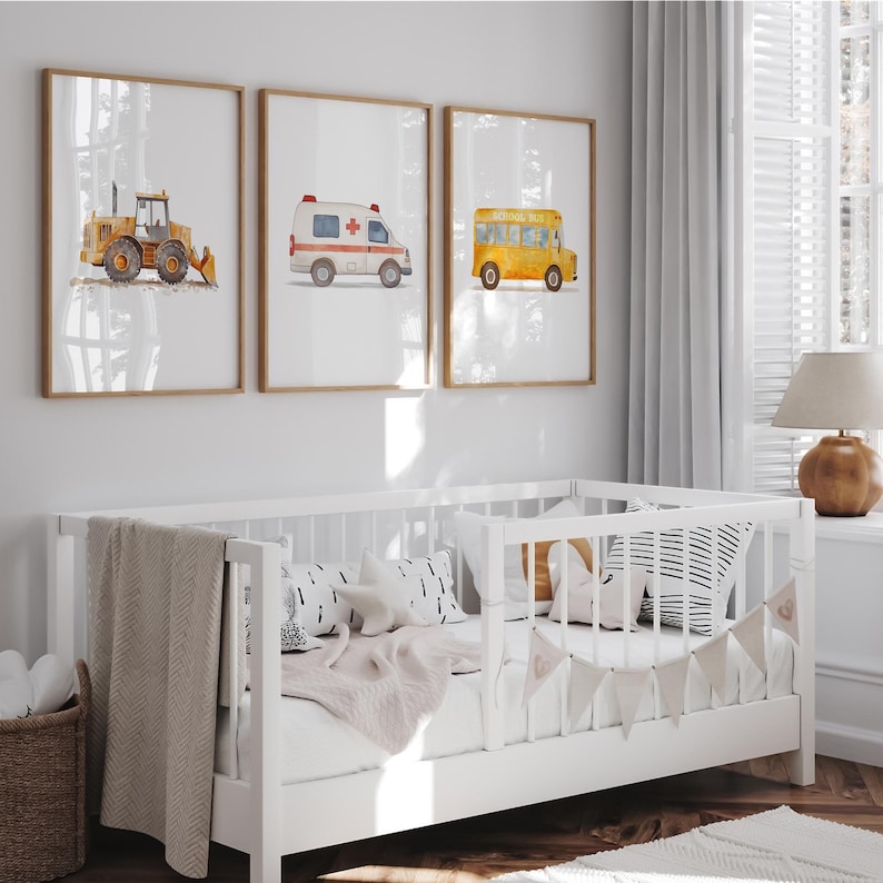 Watercolor Transportation Prints Set of 6: Fire Truck, School Bus ...