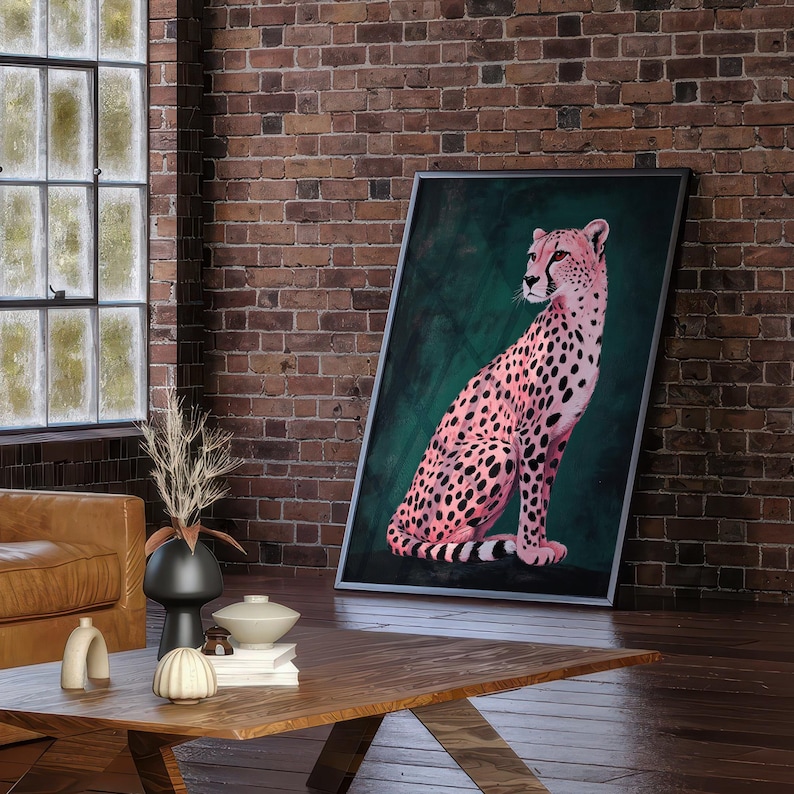 Pink Cheetah Art Print: Retro Emerald Green Preppy Decor (digital ...
