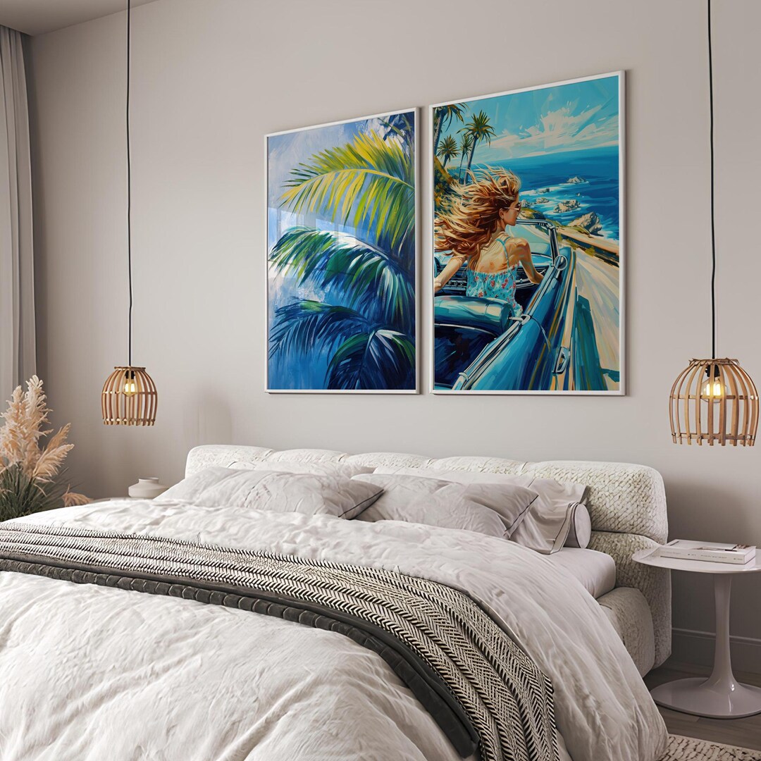 Blue Coastal Wall Decor, Summer Preppy Trend Poster, Tropical Palm Leaf ...