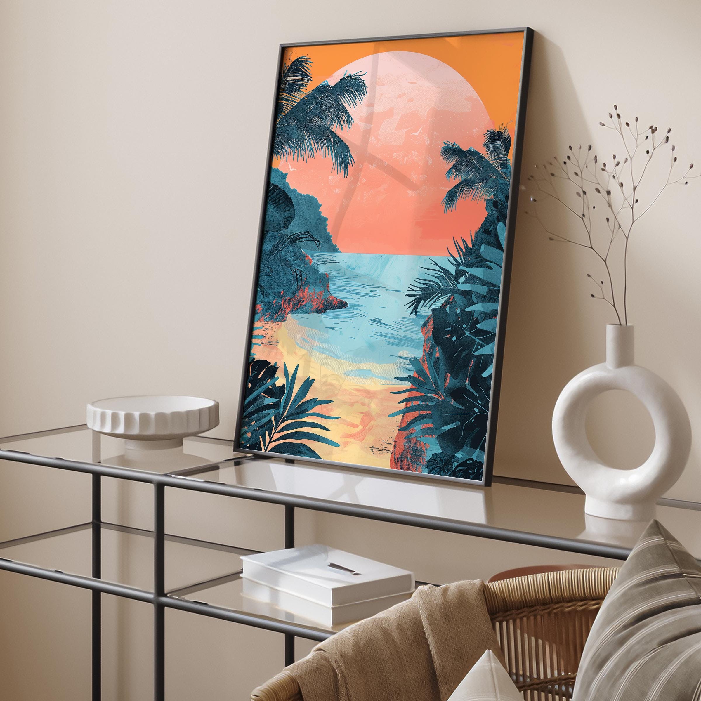 Retro Sunset Beach Print: Coastal Landscape Wall Decor (digital ...