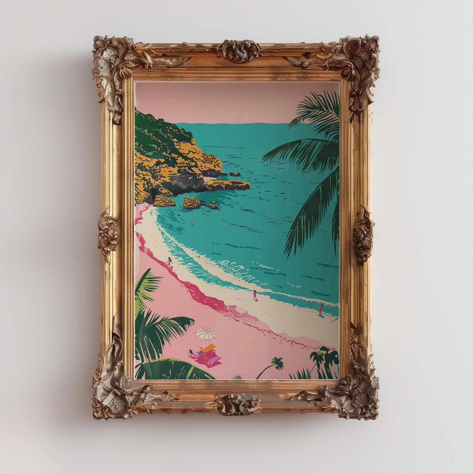 Pink and Blue Coastal Prints, Vintage Pink Beach and Blue Sea Home ...